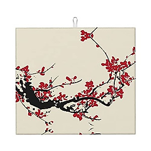 Japanese Floral Cherry Blossom Printed Drying Mat For Kitchen Ultra Absorbent Microfiber Dishes Drainer Mats Non-Slip Silicone Quick Dry Pad - 18 X 16inch