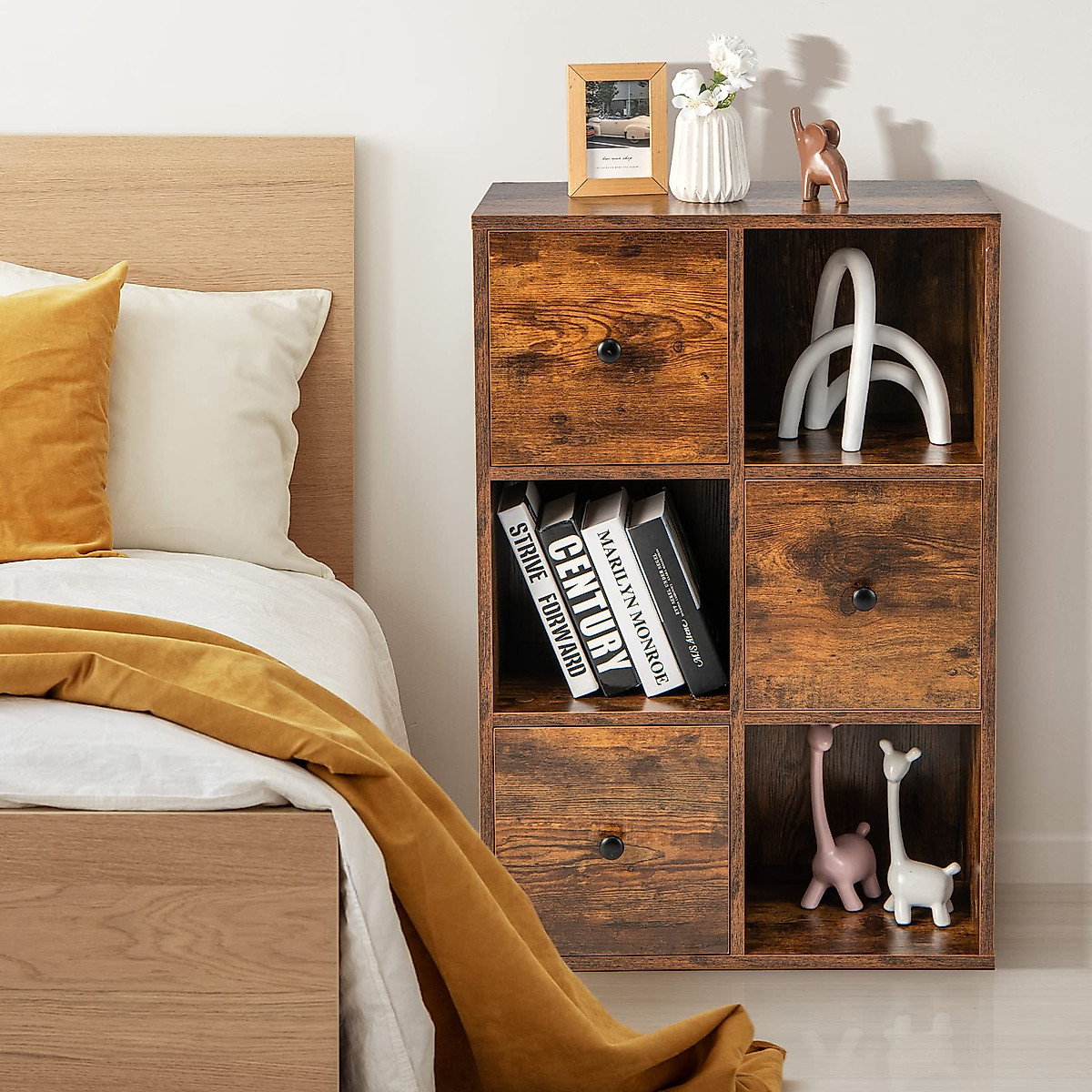 IFANNY 6 Cube Bookcase, 3 Tier Bookshelf with Drawers, Wood Storage Shelves, Modern Display Shelf, Cubical Book Cases, Small Book Shelf for Bedroom, Living Room, Home Office (Rustic Brown)