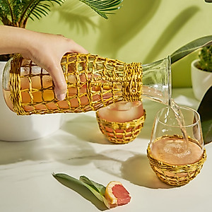 Twine Island Wine Glasses with Carafe, Stemless Glassware with Seagrass Wrap for Night Stand, Dishwasher Safe, 16 Oz, 37.5 Oz, Set of 3, Set of 1, Beige