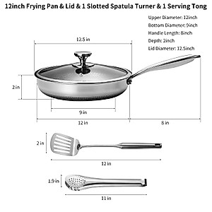 Nonstick Frying Pan 12 Inch with Tempered Glass Lid, Skillet with Stay-Cool Handle & Slotted Spatula Turner & Serving Tong, Dishwasher and Oven Safe, Induction Ready, Suitable for All Stoves