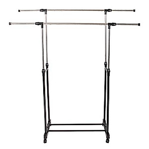 Dual-bar Vertical & Horizontal Stretching Stand Clothes Rack with Shoe Shelf YJ-04 Black & Silver,Commercial Rack Rolling Clothes Racks for Hanging Clothes Rack, Collapsible ＆ Portable Clothes Rack