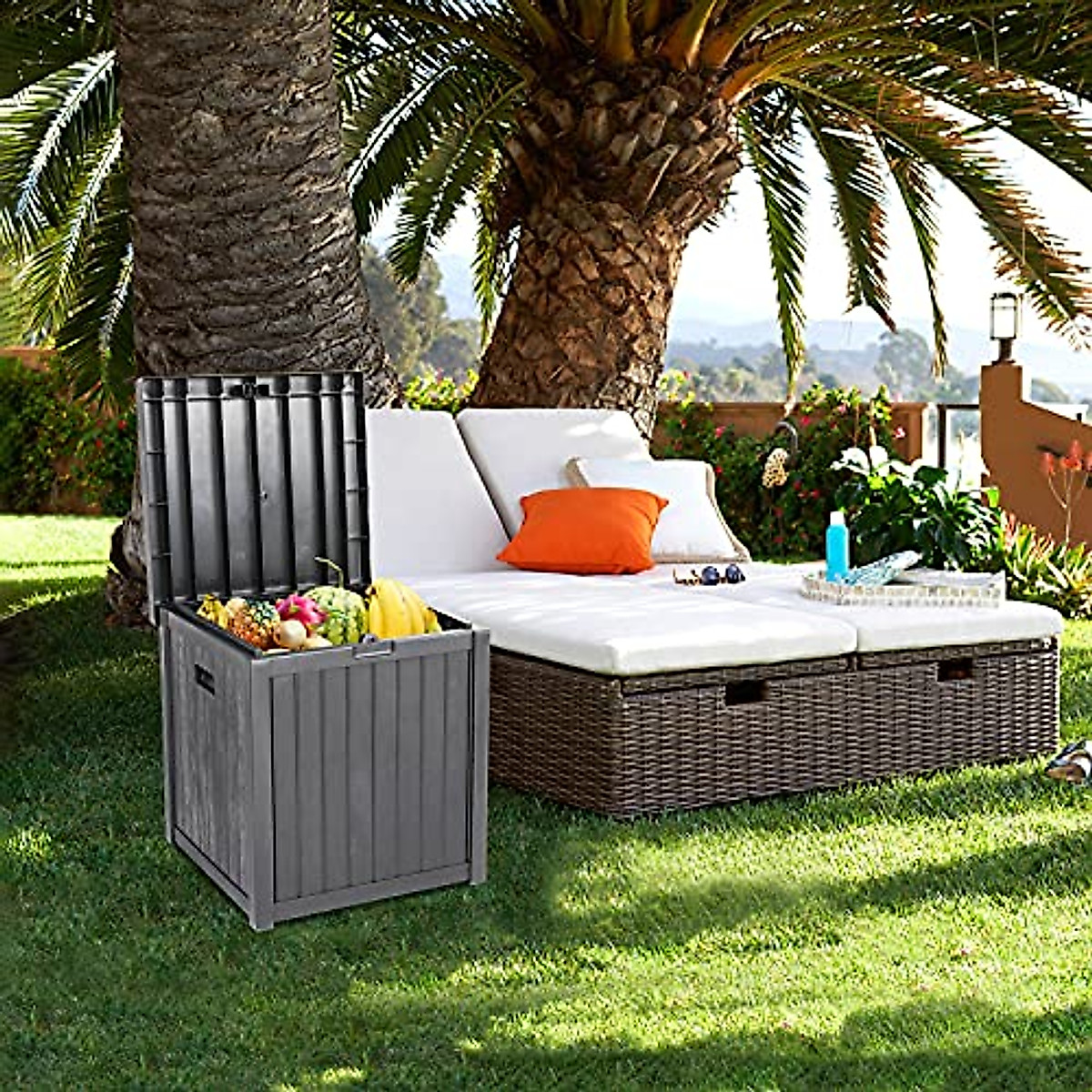 Spaco 51gal 195L Outdoor Garden Plastic Storage Deck Box Lockable Seat Waterproof Outdoor Patio Garden Furniture for Indoor, Outdoor, Garden, Courtyard (Grey)