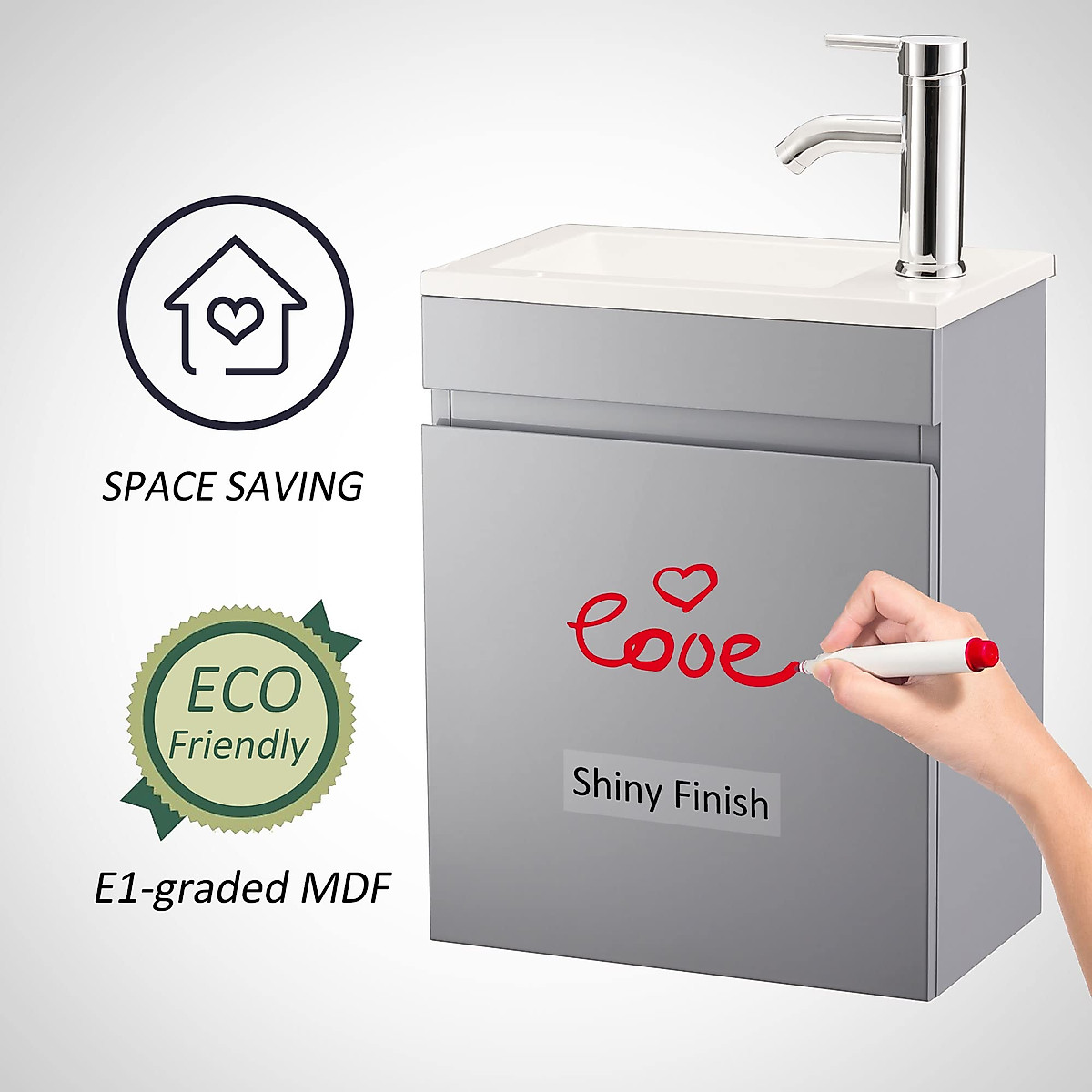 AHB 16" Bathroom Vanity W/Sink Combo for Small Space, Wall Mounted Bathroom Cabinet Set with Chrome Faucet Pop Up Drain U Shape Drain (Grey)…