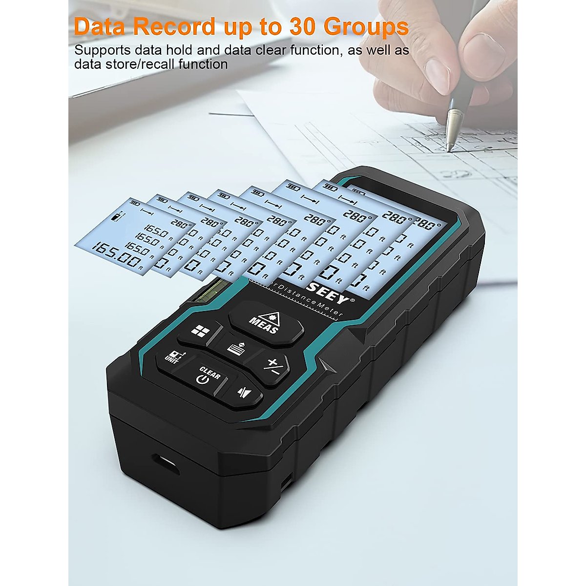 Laser Measure with Digital Angle Display, Mileseey by RockSeed 165 Feet with Electronic Level Control,M/in/Ft Unit Switching Backlit LCD and Pythagorean Mode, Measure Distance, Area, Volume