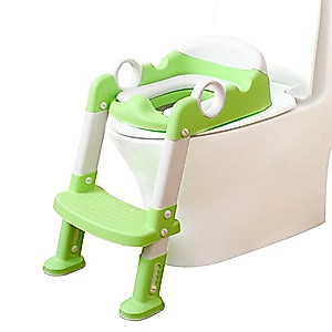 Potty Training Toilet Seat with Step Stool Ladder for Boys and Girls,Toddler Kid Children Toilet Training Seat Chair with Handles,Height Adjustable,Non-Slip Wide Step(Green)