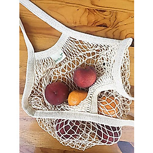Reusable Grocery Net Bags, Cotton Mesh Tote, Farmer's Market Bags for Fruits and Vegetables, String Shopping Organizer, Storage Bag with Long Handles, 2 Packs (Beige, Gray)