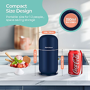 Narcissus Ice Cream Maker Machine for Homemade Gelato, Sorbet, Frozen Yogurt & Smoothie, Single Serve for 1-2 People, Easy to Clean, Small Size 150ml Ice Cream Once with 30 Recipes, Blue