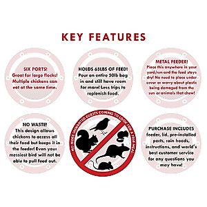 RentACoop Metal 65lb 6-Port Feeder - Includes Lid, Ports, Rain Hoods, and Feed Diverters - Suitable for 12 Week Old Chickens/Older and Adult Chickens/Poultry