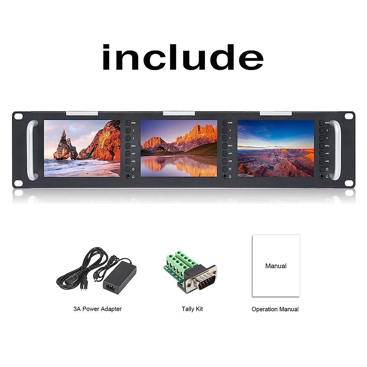 FEELWORLD T51-H Triple 5" 2RU 800×480 Broadcast LCD Rack Mount Monitor with HDMI, AV Input and Output