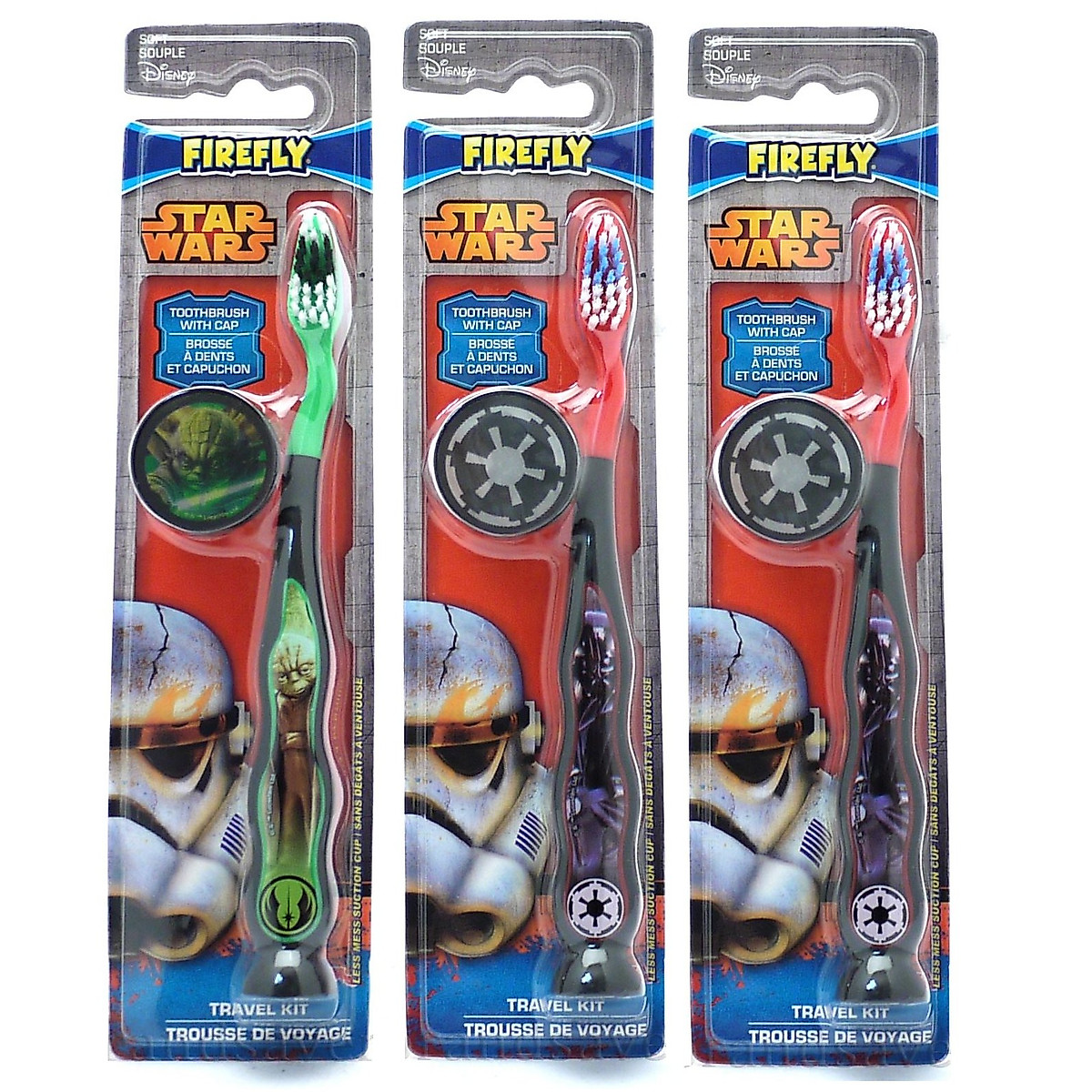 Star Wars Children's Tooth Brush (Pack of 3) with Cap and Suction - Toothbrush Designs Vary - Premium Quality