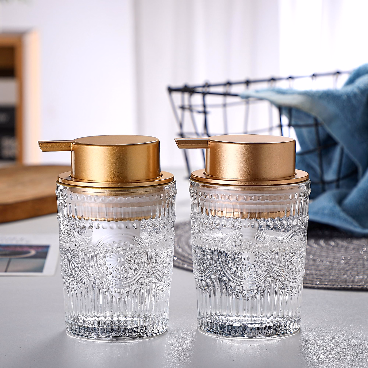 MKLZ 8 Oz Glass Foam Soap Dispenser, Clear Hand Liquid Bottles with Gold Plastic Pump, Refillable Round Foaming Lotion Dispensing for Kitchen Sink & Bathroom Counter