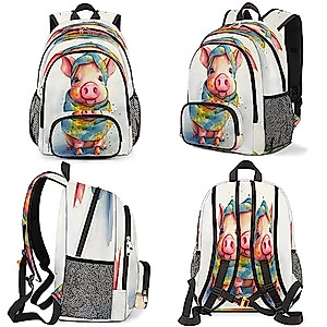 Elementary School Bags for Teens, Cute Piglet Kids Backpacks Pig Painted Lightweight Bookbags Waterproof Sturdy Schoolbag Daypack for Girls Boys