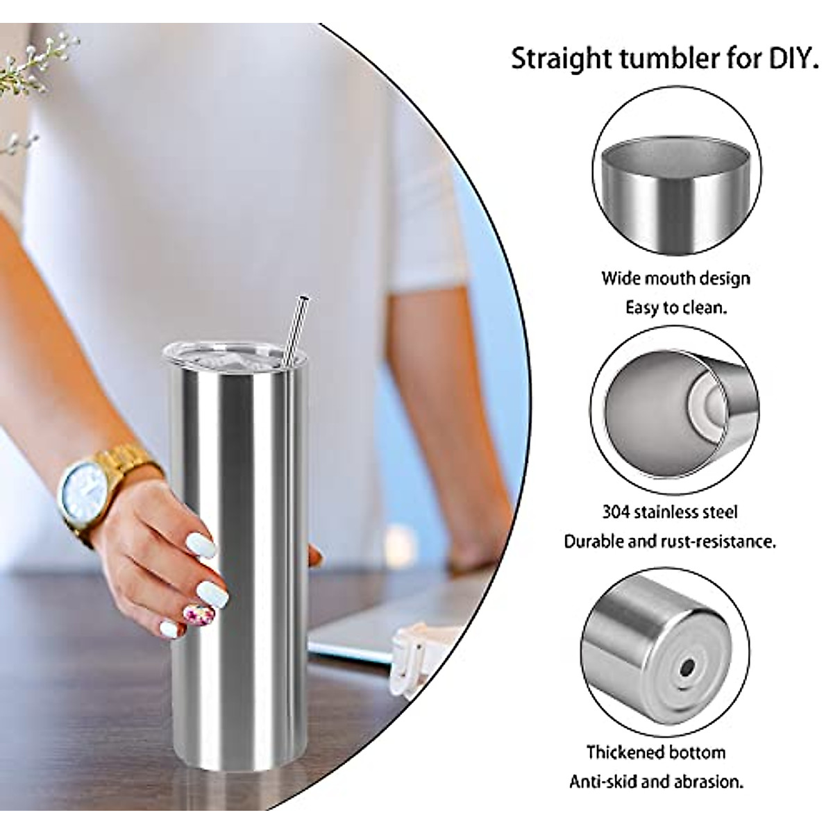 20 Oz Straight Skinny Tumbler Set, Stainless Steel Slim Skinny Travel Tumbler Bulk, Birthday Diy Gift For Women Friends Sisters, 4 Pack, Silver