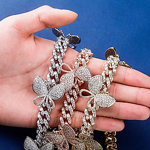 TOPGRILLZ 8mm/12mm 6 Times Plated Iced Out Spinner Charm Butterfly Cuban Link Choker Chain Necklace for Women Novelty Jewelry Gifts(12mm Rose Gold, 16)