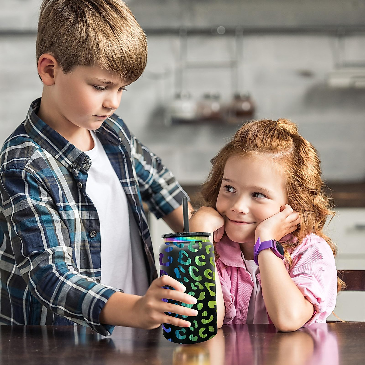 Glass Cups with Lids and Straws, 16 oz Stainless Steel Cups, Insulated Skinny Tumbler, Powder Coated Travel Mugs for Laser Engrave, Iced Coffee Cup for Smoothie Water DIY Gift (Black,1 pack)