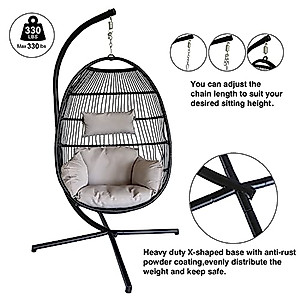 PRIVATE GARDEN Large Hanging Egg Chair with Stand Outdoor Patio Folding Egg Chair Indoor Swing Egg Chair with Light Grey Waterproof Cushion Heavy Duty C-Stand 330LBS Capacity