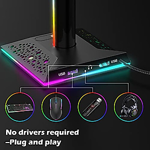 SIMOEFFI Upgraded RGB Gaming Headphones Stand, Headset Stand with 3.5mm AUX and 2 USB Charging Ports, Headphone Holder with 10 Light Modes and Memory Feature for Gamers PC Earphone Accessories Desk
