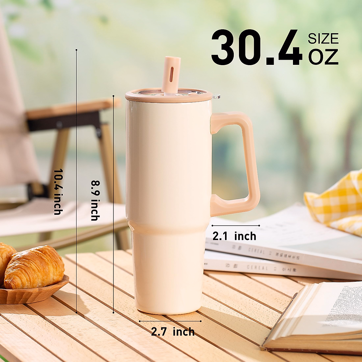 QINGHOU 30.4 oz Stainless steel cold cup,Insulated tumbler with handle、lid and straw,Cup holder compatible for travel,Large sports water bottle jug,Visualization glass cover thermos Cup (Silver)