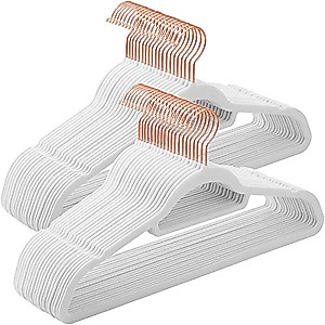 SONGMICS Velvet Hangers, Set of 50 Clothes Hanger with Rose Gold Swivel Hook, Non-Slip, and Space-Saving, 0.2-Inch Thick, 17.1-Inch Long for Coat, Shirt, Dress, Pants, Tie, White UCRF021W02