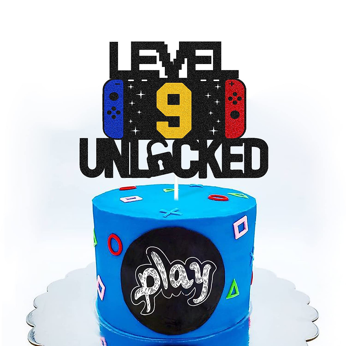 Level 9th Unlocked Sign Cake Topper Happy 9th Birthday Level Up Tenth Cake Decorations for Video Game Controller Themed Kids Boy Girl Bday Party Supplies Double Sided