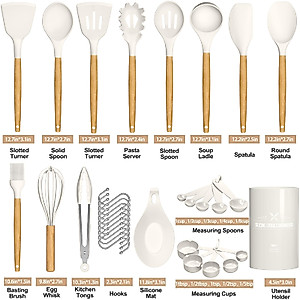 Umite Chef Kitchen Cooking Utensils Set, 33 pcs Non-stick Silicone Cooking Kitchen Utensils Spatula Set with Holder, Wooden Handle Silicone Kitchen Gadgets Utensil Set (Cream White)