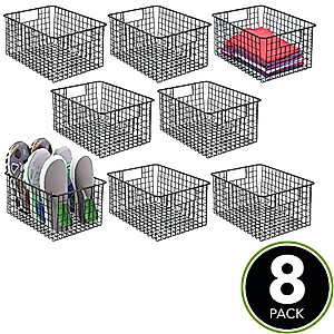 mDesign Metal Wire Closet Storage Basket Organizer with Handles for Organizing Bedroom, Bathroom, Mudroom, Entryway, Hallway, or Linen Closets - Concerto Collection - 8 Pack - Black