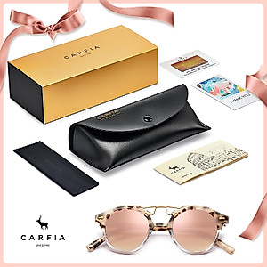 CARFIA Small Pink Mirrored Polarized Sunglasses for Women UV Protection, Acetate Eyewear Double Bridge Metal Brow Sunnies