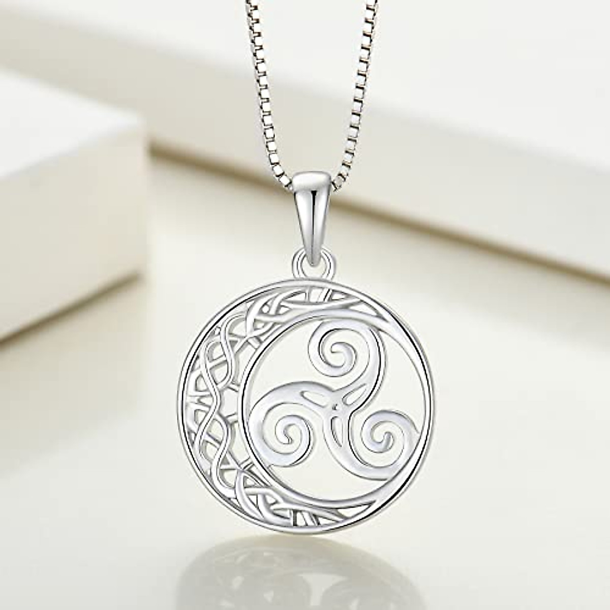 YL Celtic Knot Necklace 925 Sterling Silver Triskele Moon Pendant 18k White Gold Triskelion Jewelry for Women