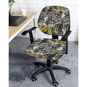 Jolunifun Palm Tree Office Chair Covers Stretchable 2 Piece, Soft Decorative Computer Desk Chair Cover Protector Universal Rotating Chair Slipcover Luxurious Gold Black Summer Tropical Leaves