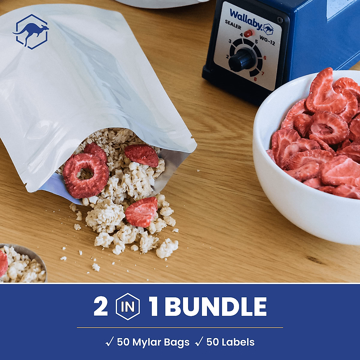 Wallaby 50 Count 1-Pint Gusset Mylar Bags with Labels, 11 Mil Total Thicker Long-Term Food Storage Pouches, 6x8 Stand-Up Zipper Heat-Sealable Airtight Packaging - Silver