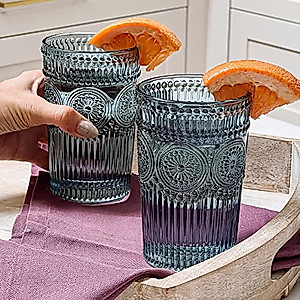 Kate Aspen Textured Striped Blue Drinking Glasses Set of 6-13 oz Vintage Glassware Set Cocktail Glass Set, Juice Glass, Water Cups | Hostess Gift, Present for Newlyweds or New Home Owners