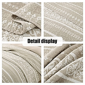 Toldlove Quilts Queen Size - Boho Quilt King 100% Cotton Oatmeal Bedding Set Bohemian Striped Bedspread Lightweight Rversible Comforter Coverlets All Season,Oatmeal/Begie White 3Pcs