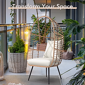 JOIVI Wicker Egg Chair, Oversized Indoor Outdoor Lounger Large Egg Basket Chair with Stand and Cushions for Patio Porch, Backyard, Living Room, Balcony (Beige Rattan, Creamy White Cushion)