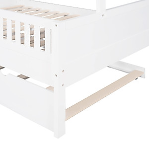 MERITLINE Full House Bed with Trundle, Wooden Platform Bed Frame with Roof, for Kids Teens Girls Boys - White