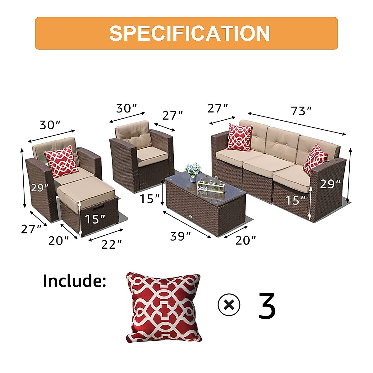 Super Patio Outdoor Furniture 7 Pieces Patio Furniture Set, Rattan Patio Conversation Sets with Coffee Table, Outdoor Wicker Sectional Couch Sofa Set with Ottoman for Deck, Garden, Porch, Brown