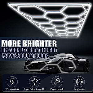 Baquler 15 Hexagon LED Garage Light System Honeycomb LED Shop Lights with White Border for Garage Workshop Car Detailing Shop Exhibition Hall, 680 W 81600 LM, 15.88 x 7.98 ft Ceiling Decor(1 Set)