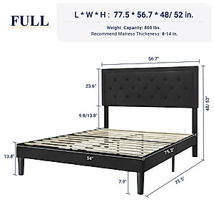 Allewie Full Size Upholstered Platform Bed Frame with Adjustable Headboard, Button Tufted, Wood Slat Support, Easy Assembly, Black