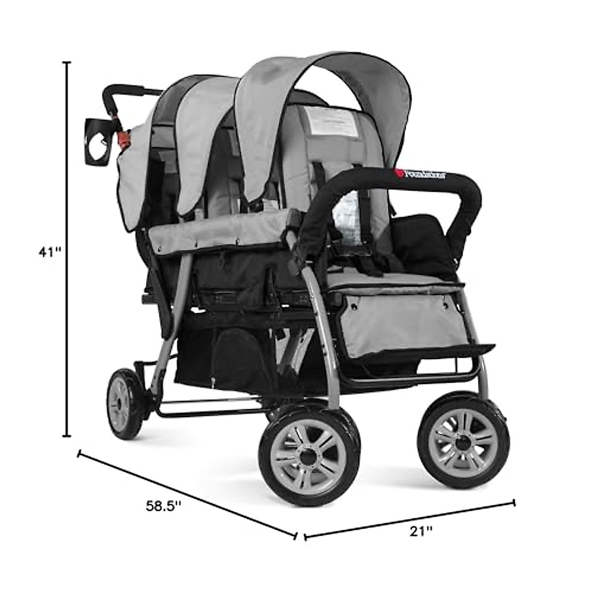 Foundations Sport Trio 3-Seat Folding Stroller with Oversized UV Blocking Canopy, 5-Point Harness for Added Safety, Easy Loading, Storage Bucket, Fits Through Most Standard Doorways (Gray)