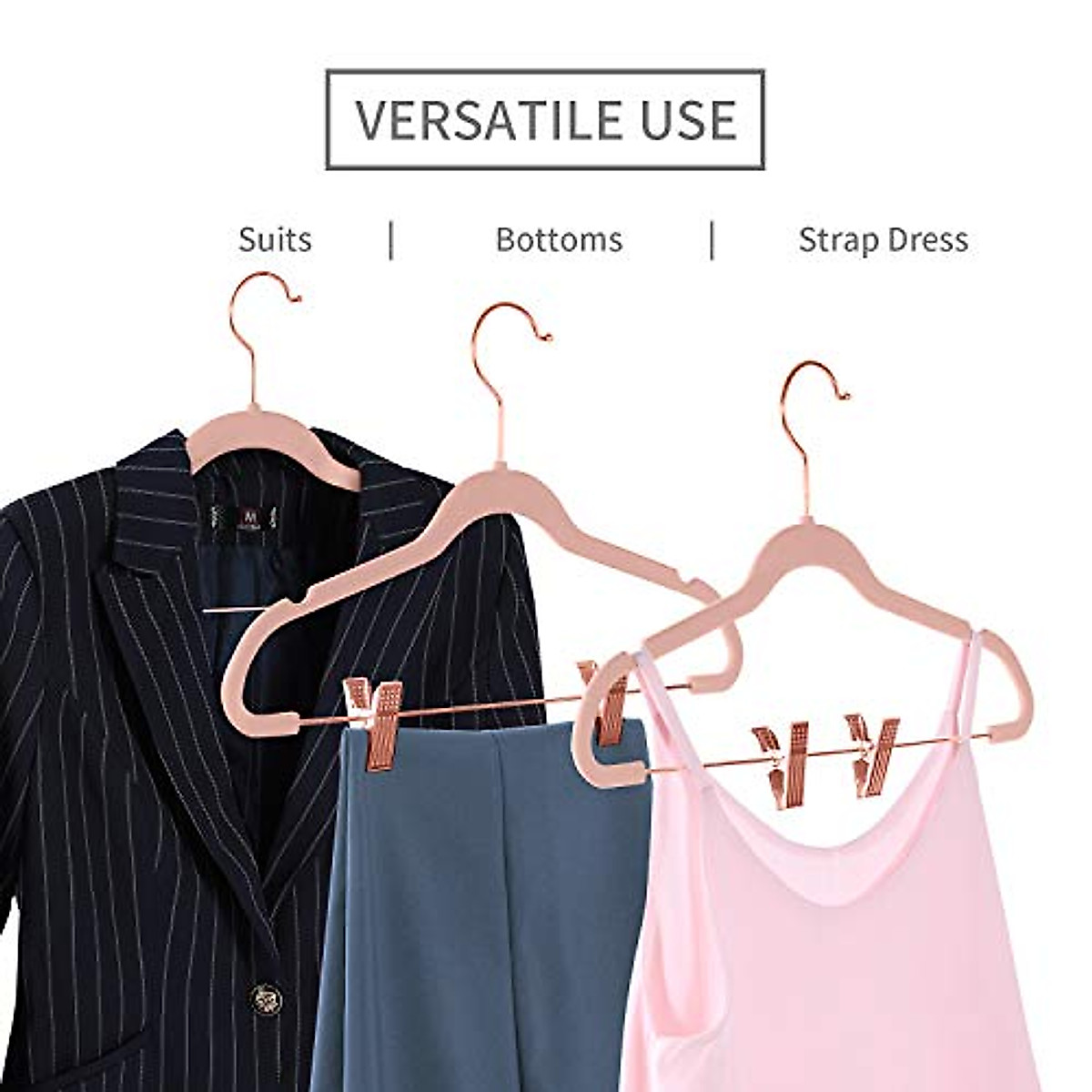 MIZGI Premium Velvet Pants Hangers with Clips (Pack of 20) Slim Skirt Hangers- Non Slip Felt Outfit Dress Hangers Blush Pink - Copper/Rose Gold Hooks,Space Saving Shirt Clothes Hangers