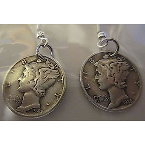 Mercury Dime (900 Silver) Earings with 925 Sterling Silver Earrings Hook Coil Ear Wires & Gift Bag