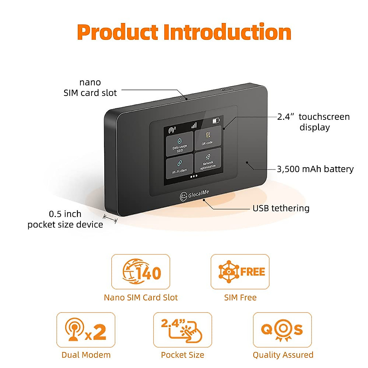 GlocalMe DuoTurbo 4G LTE Portable WiFi Mobile Hotspot Device for Travel, SIMFREE, No Contract, with US 8GB & Global 1GB Data in 150+ Countries, Support 10 Devices Connected (Black)