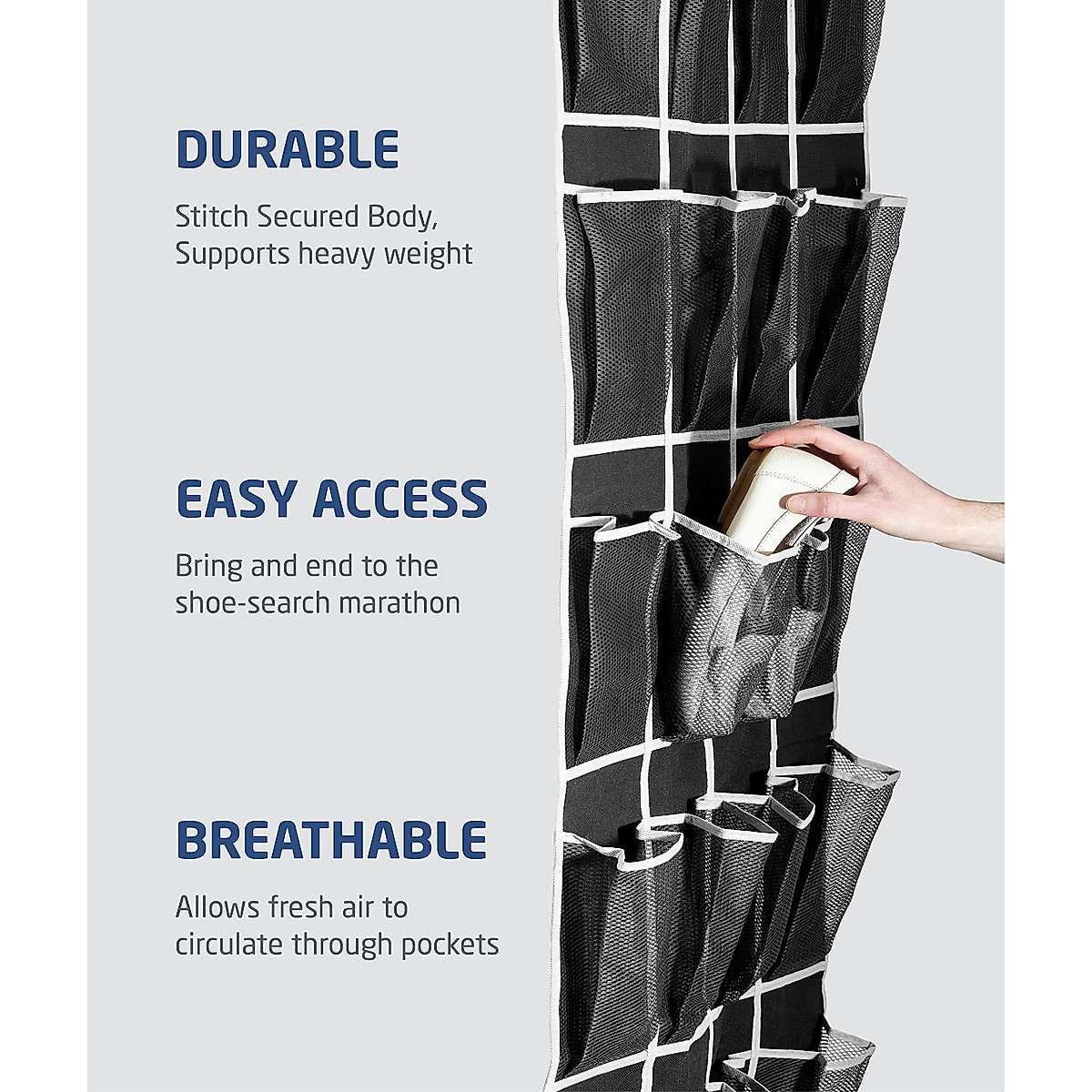 ZOBER Over The Door Shoe Organizer - 24 Breathable Pockets, Hanging Shoe Holder for Maximizing Shoe Storage, Accessories, Toiletries, Laundry Items. 64in x 18in