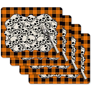 Zando Halloween Placemats Set of 4 Halloween Square Placemats for Out/Indoor Dining Table Halloween Waterproof Placemats Fall Placemats Evil Skull Pattern 12 * 18 Inch Halloween Kitchen Decor