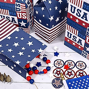 Whaline 36 Pack 4th of July Wrapped Treat Bags with Tag Stickers American Flag USA Party Favor Bags Patriotic Candy Bags Red Blue Kraft Paper Gift Bags for Independence Day Party Supplies Gift Wrap