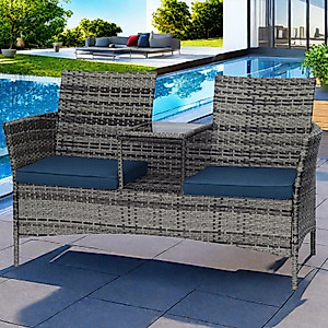 Pieryakers Outdoor Loveseat Rattan Wicker Two Seater,Patio Conversation Sets Built-in Coffee Table and Cushion for Balconies, Lawns, Backyard Outside Sofa Benches (Grey-Blue)