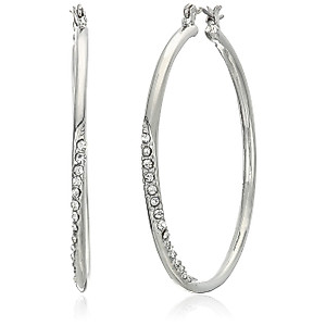 GUESS Silvertone Crystal Glass Stone Front Hoop Earrings