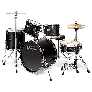 Ashthorpe 5-Piece Full Size Adult Drum Set with Remo Heads & Premium Brass Cymbals - Complete Professional Percussion Kit with Chrome Hardware - Black