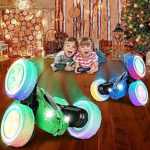 28℃ Remote Control Car, RC Cars Stunt Car Toy, 4WD 2.4Ghz Double Sided 360° Rotating RC Stunt Car with Headlights Wheel Lights, RC Cars Toys Gift for Kids Boys Girls on Birthday Christmas (Green)