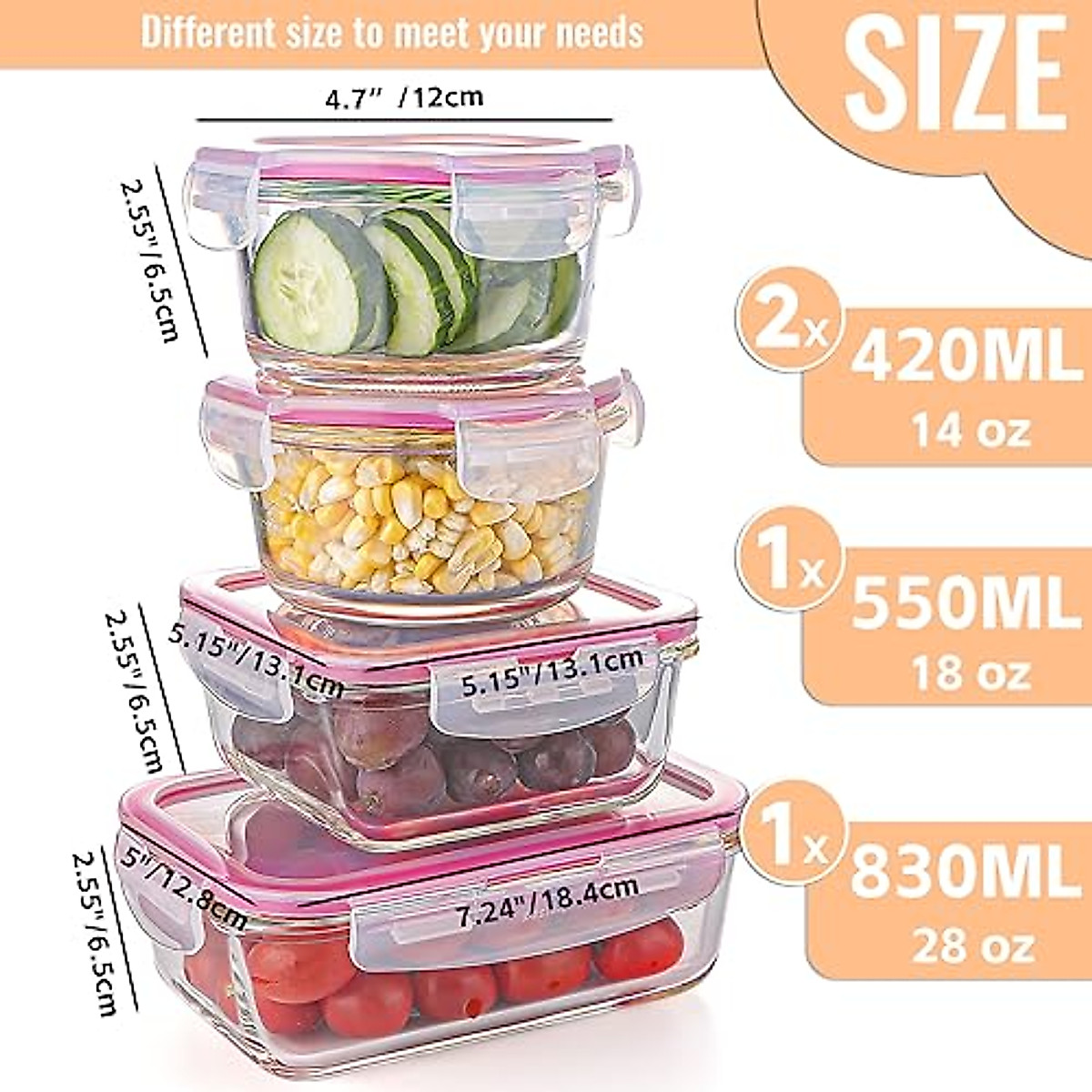 FILTA 4 Pack Glass Food Storage Containers with Lids: Glass Meal Prep Containers For Lunch,Leftover,Dishwasher Safe