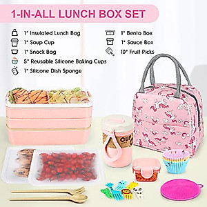 jijoe 27 PCs Bento Box Lunch Box Kit, Stackable 3-in-1 Compartment Japanese Lunch Box Set w/Soup Cup Sauce Can, Spoon Fork, Cake Cups, Fruit Picks, Snack Bags, Leakproof Lunch Containers